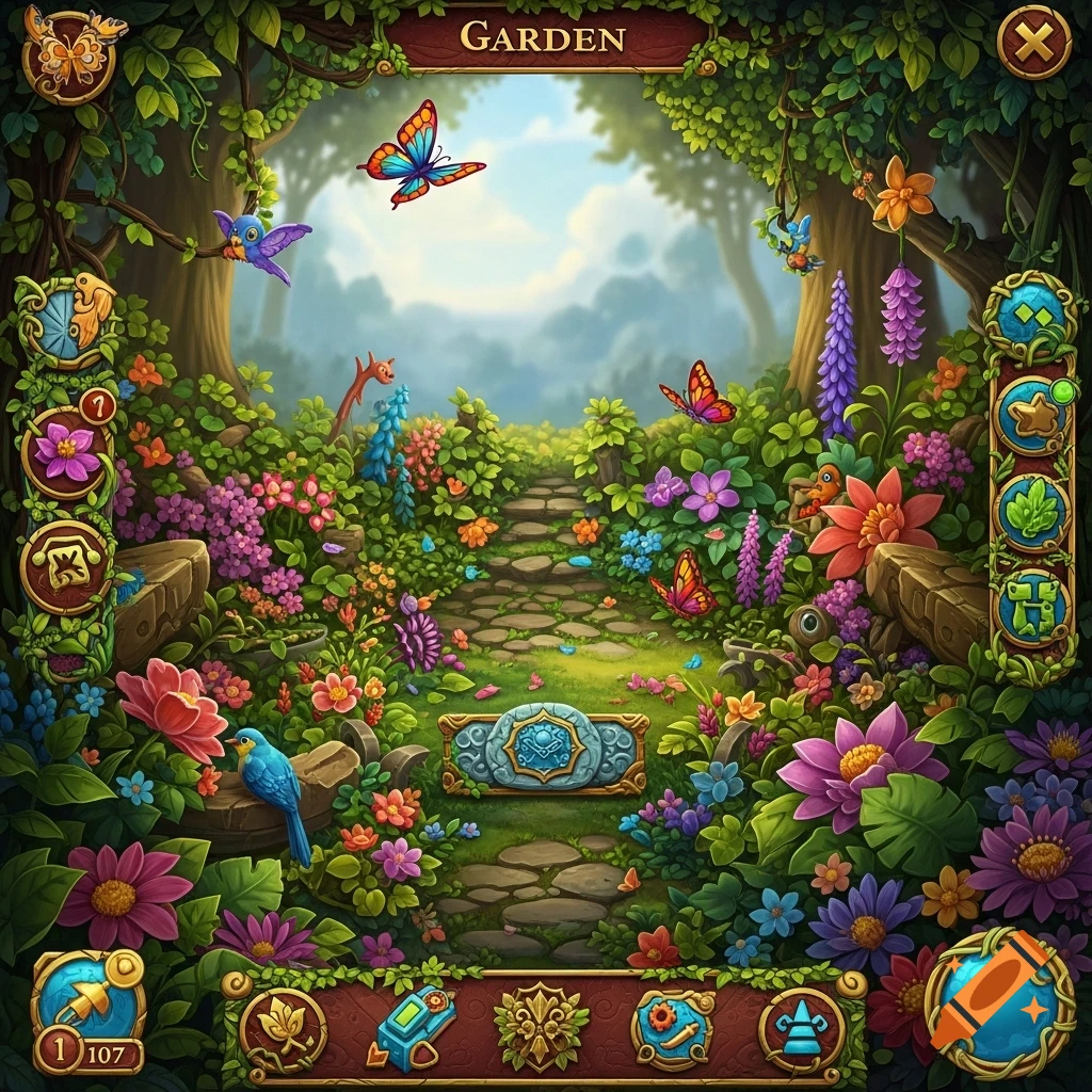 A whimsical game UI showing a lush garden with a stone path ...