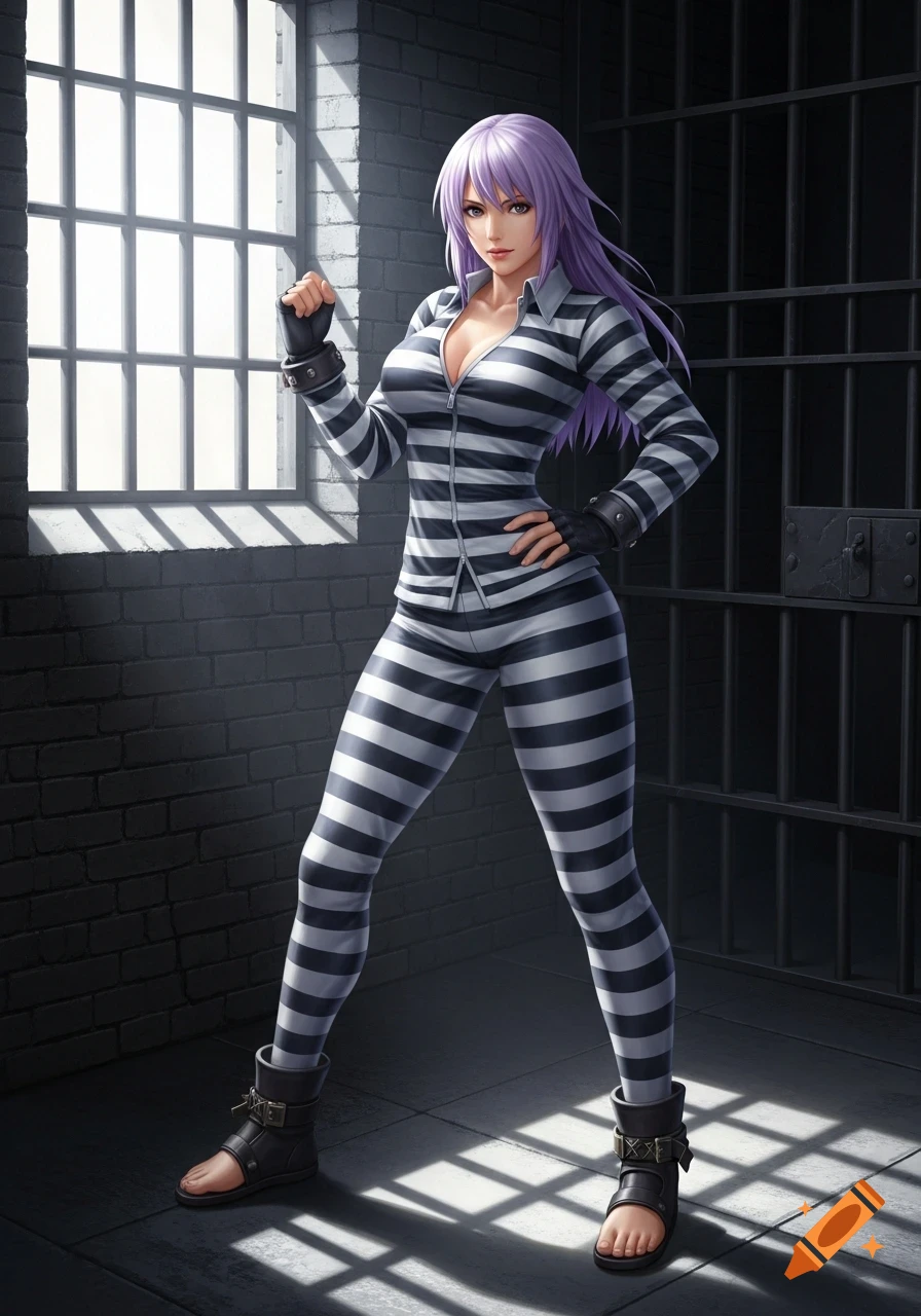 Ayane from Dead or Alive, a woman with purple hair, stands in a striped ...