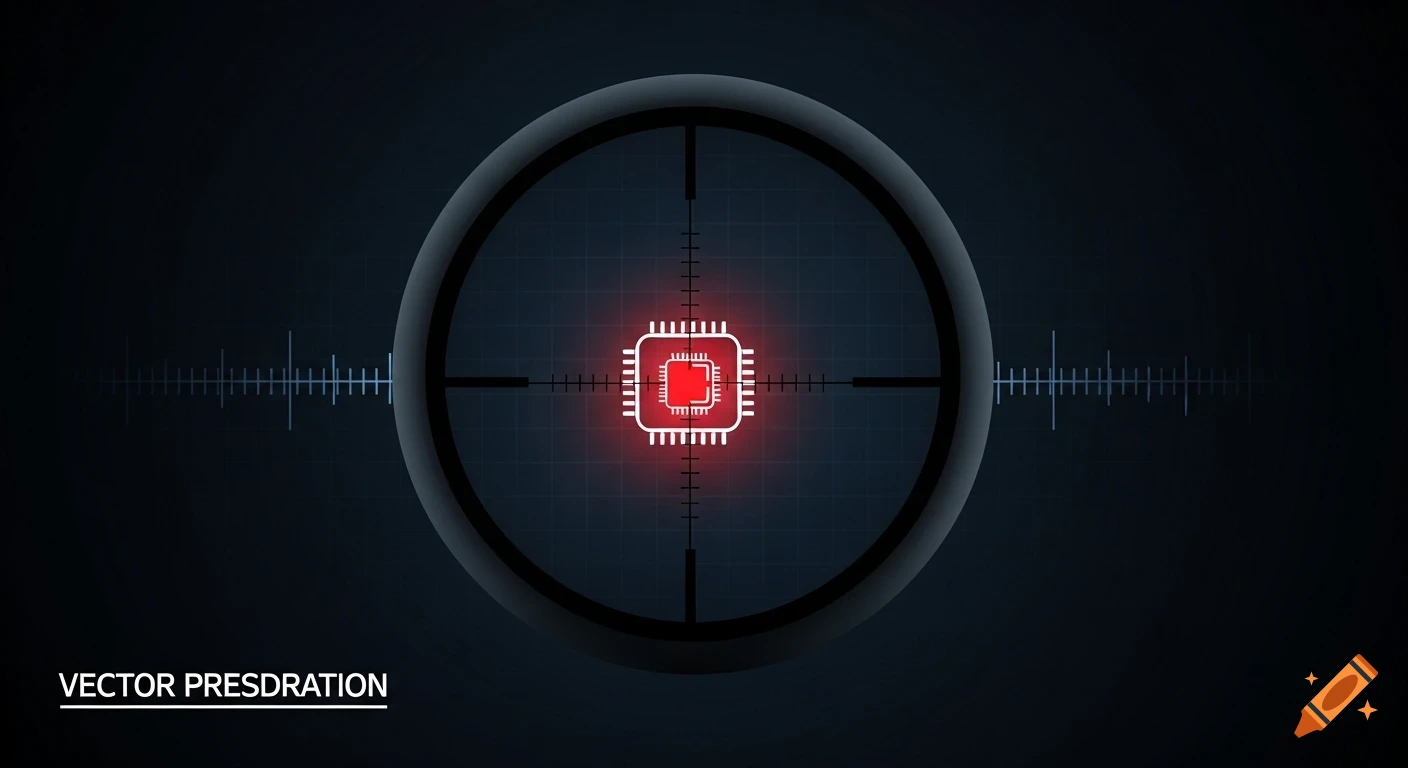 A sniper scope reticle centered on a glowing red microchip icon against ...
