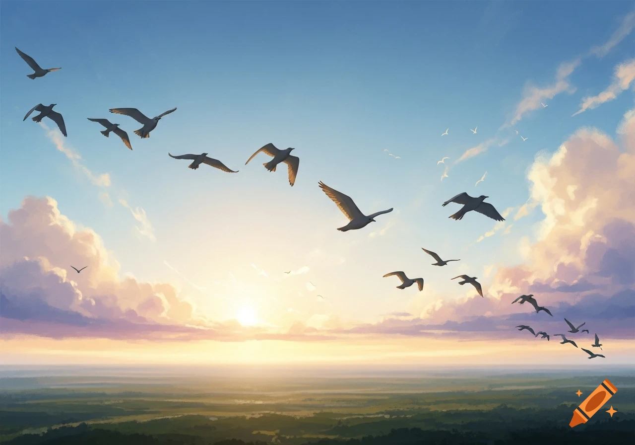 A flock of birds flying across a vast sky with a setting sun over a ...