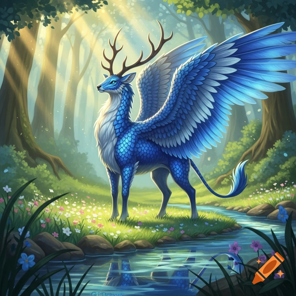 A majestic blue scaled winged deer with antlers stands in a sunlit ...