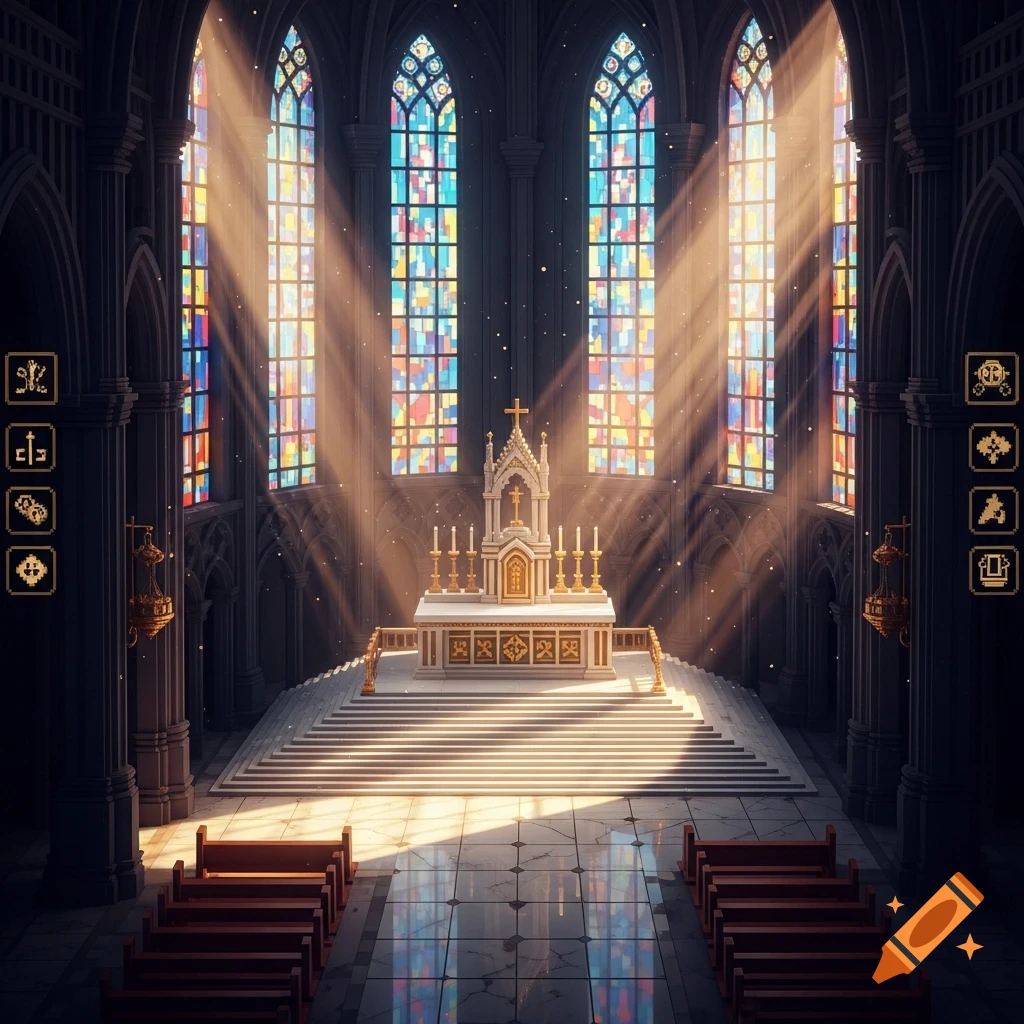 A 2.5D pixel art interior of a gothic cathedral, with sunlight ...