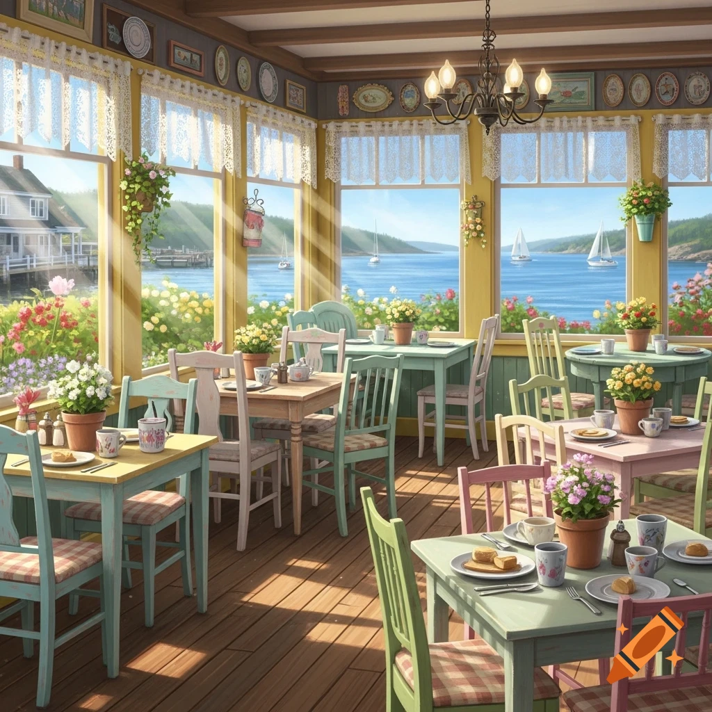 A light-filled, shabby chic cafe overlooking the ocean with sailboats ...