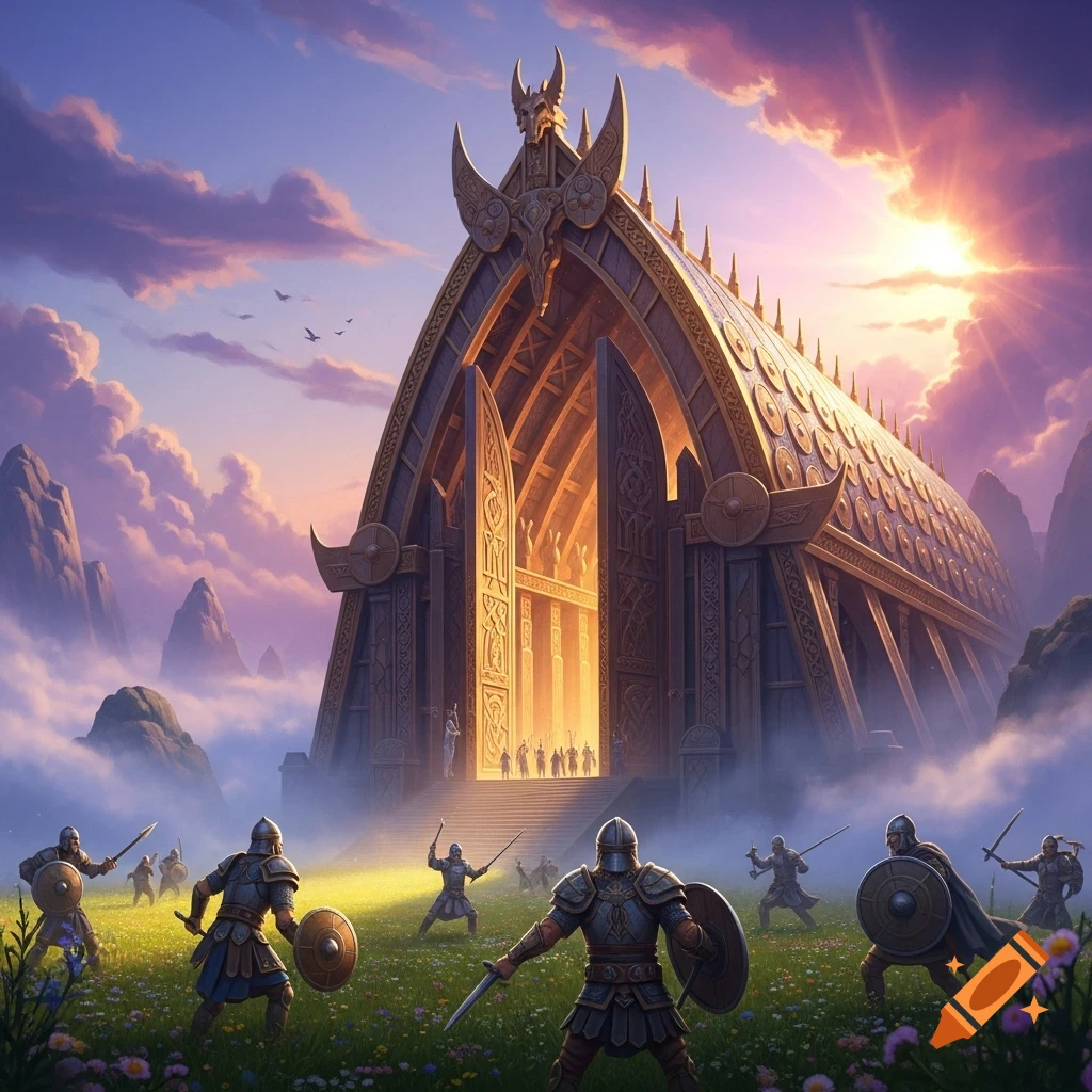 Armored warriors stand in a flower-filled field before a grand, golden ...