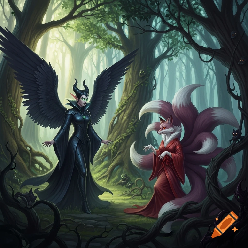 A dark-winged fae with horns and a multi-tailed red fox spirit in a ...
