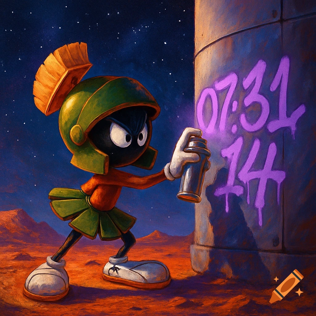 Marvin the Martian spray-painting '07.31 14' in lilac on a metal ...