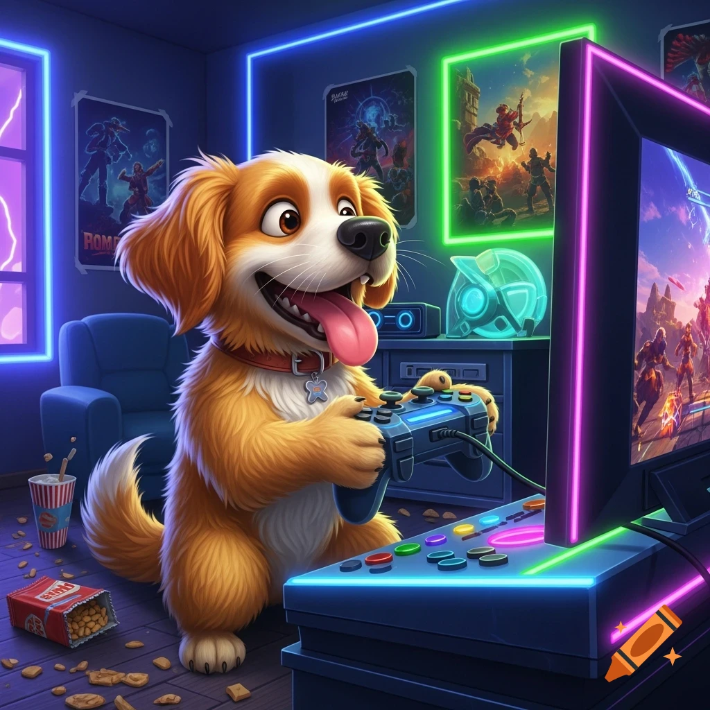 A happy cartoon dog sits on the floor in a neon-lit gaming room ...