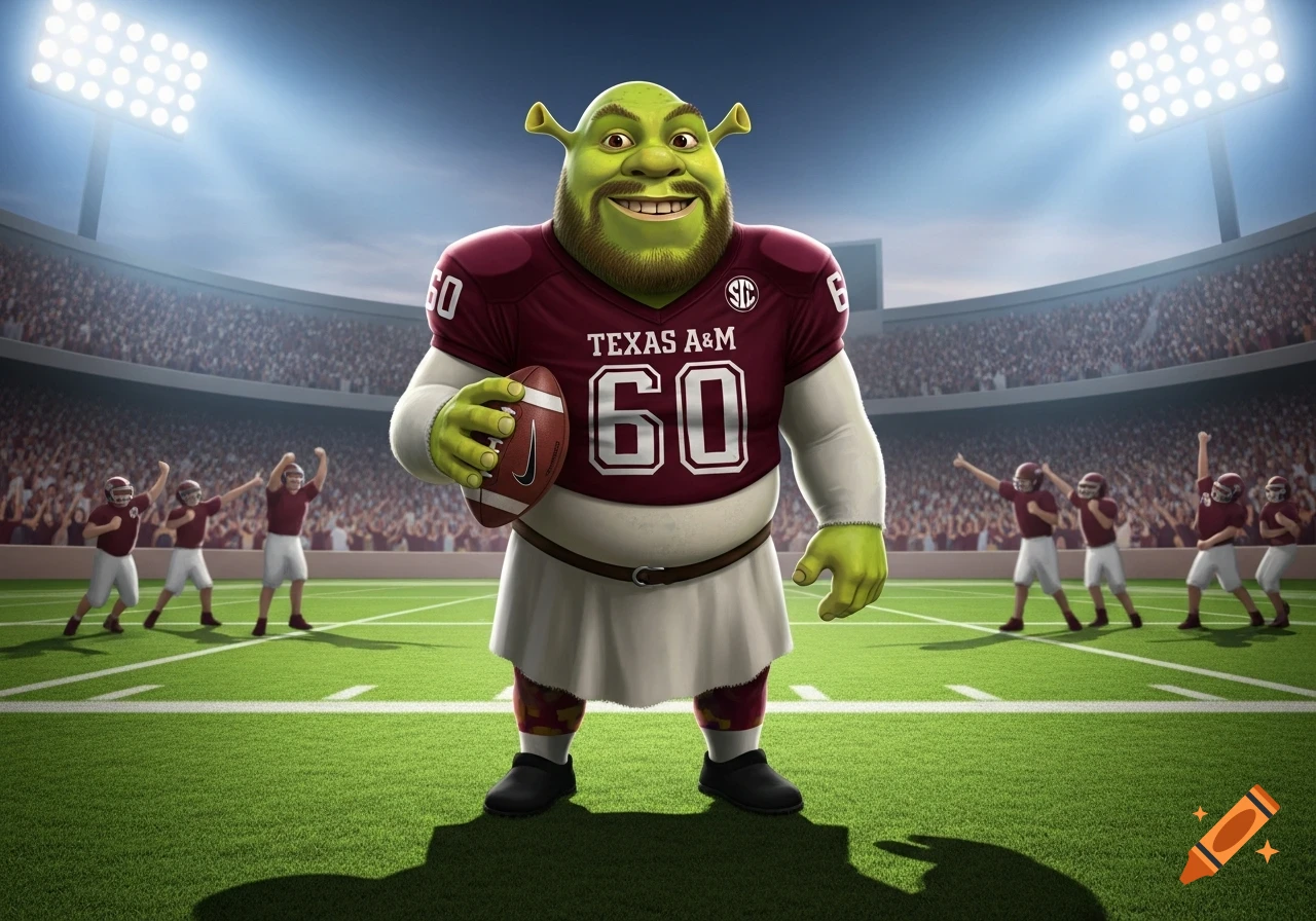 Bearded Shrek in a Texas A&M football uniform, number 60, holding a ...