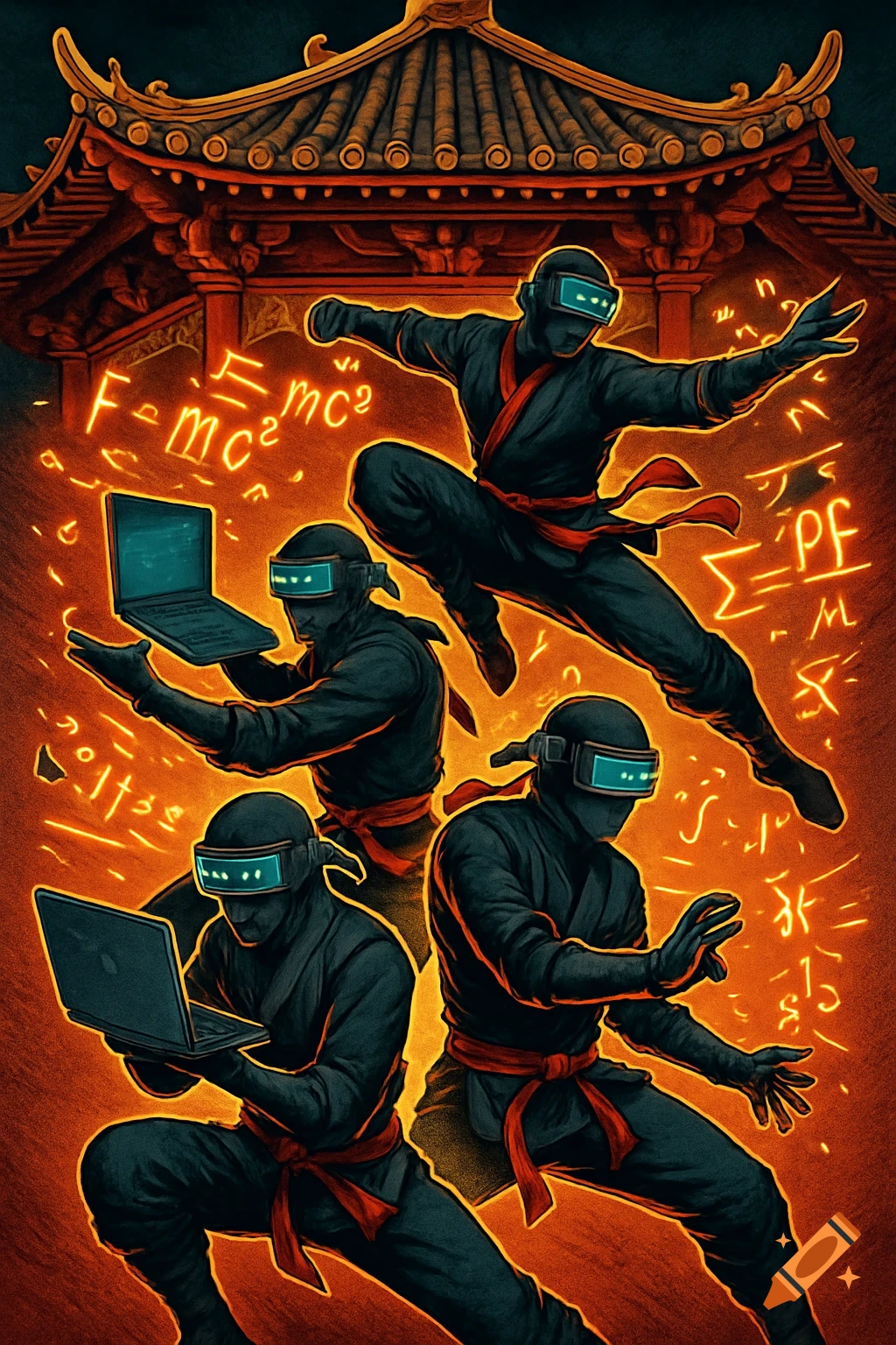 Comic illustration of ninjas with VR headsets and laptops, surrounded ...