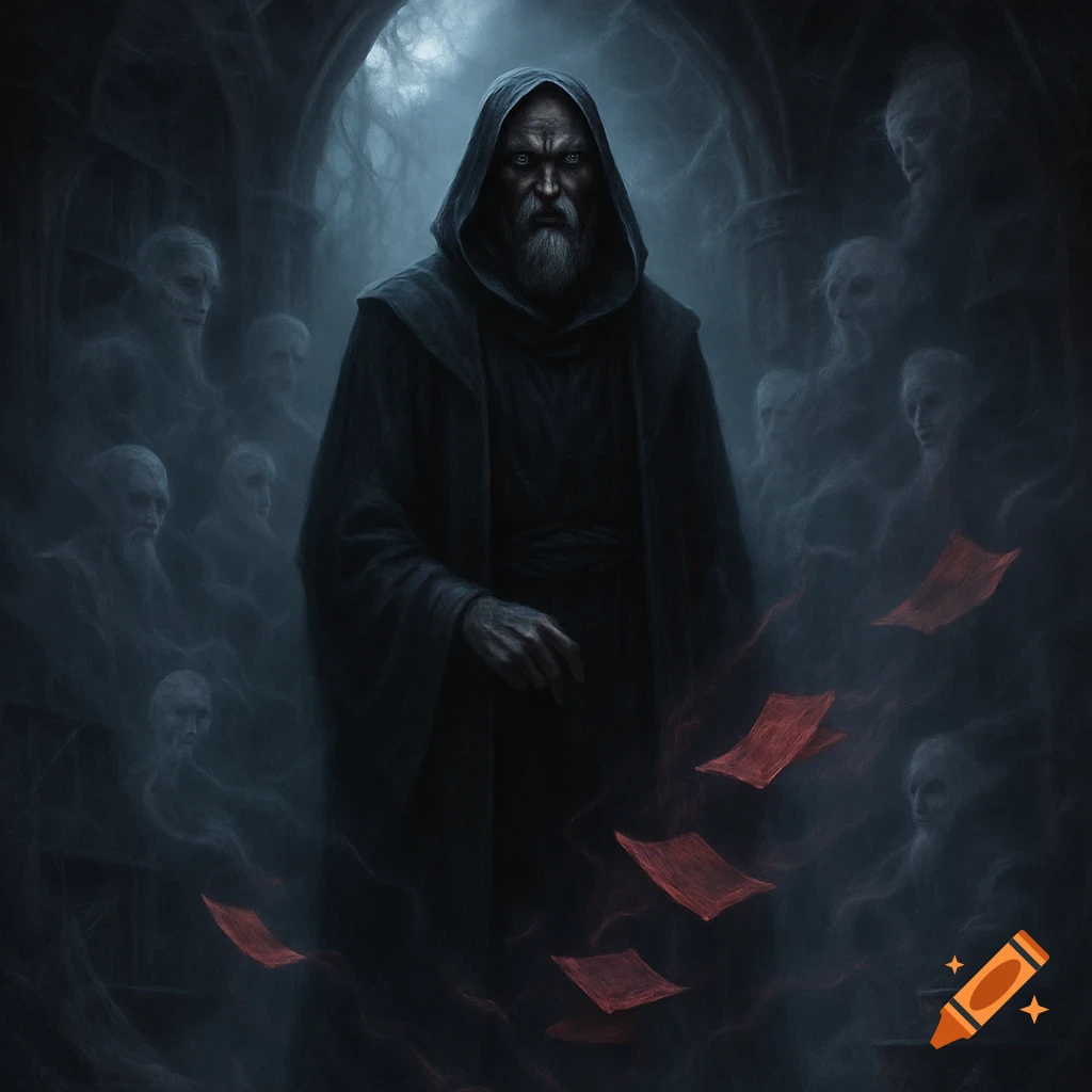 A robed, bearded figure with glowing eyes stands under a gothic archway ...