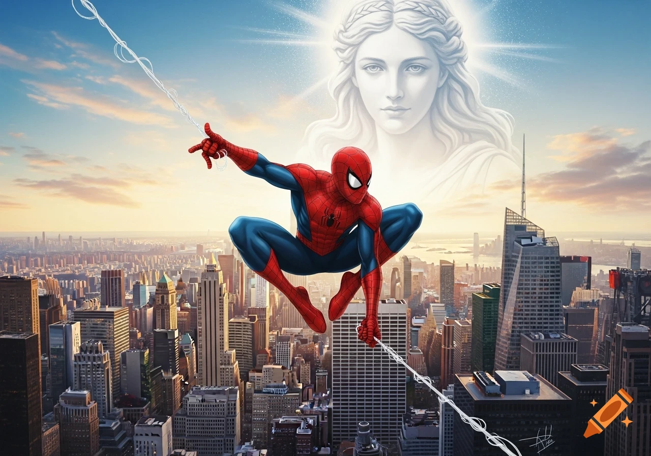 Spider-Man swings over a cityscape at sunset, with a translucent ...