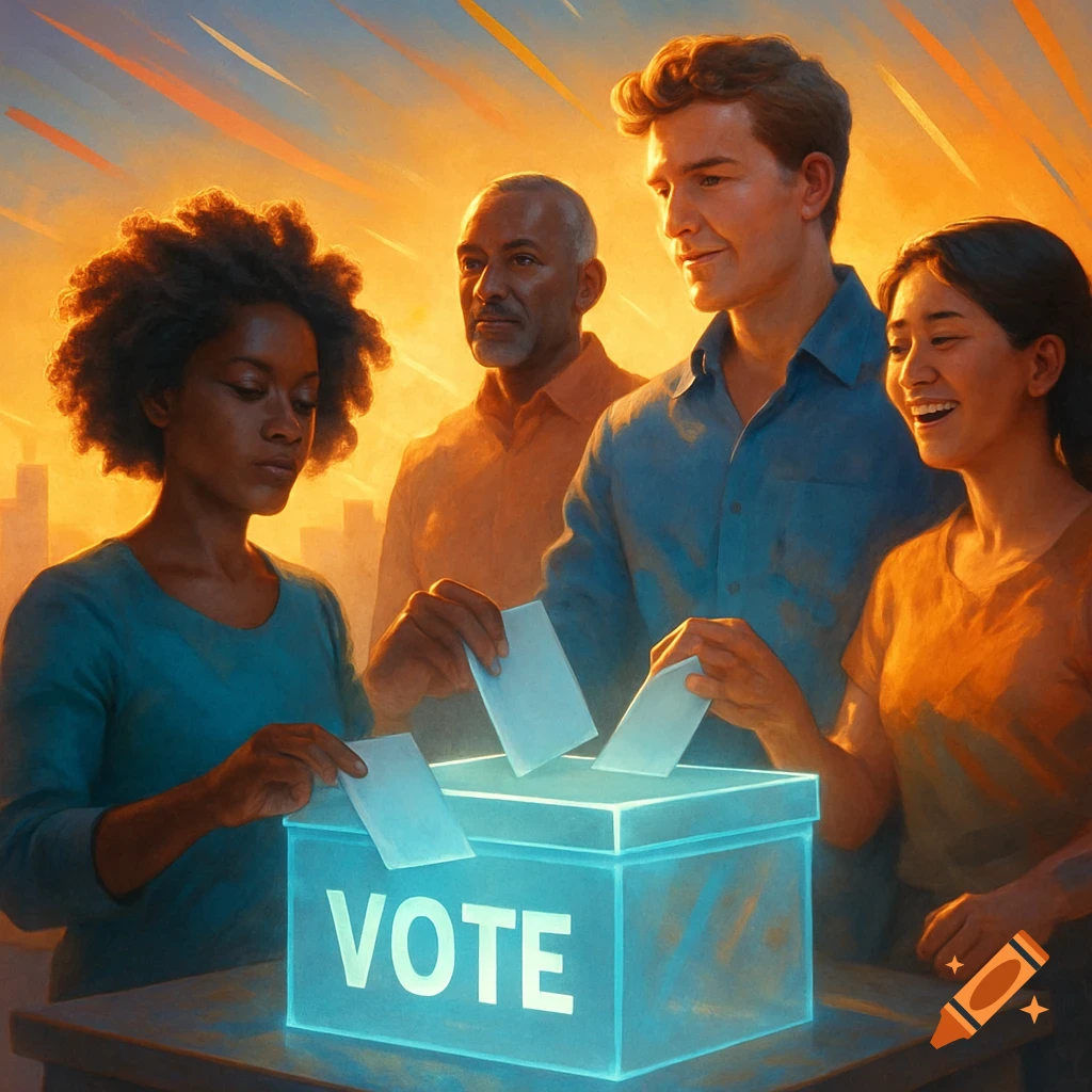 Diverse group of people casting ballots into a glowing vote box with ...