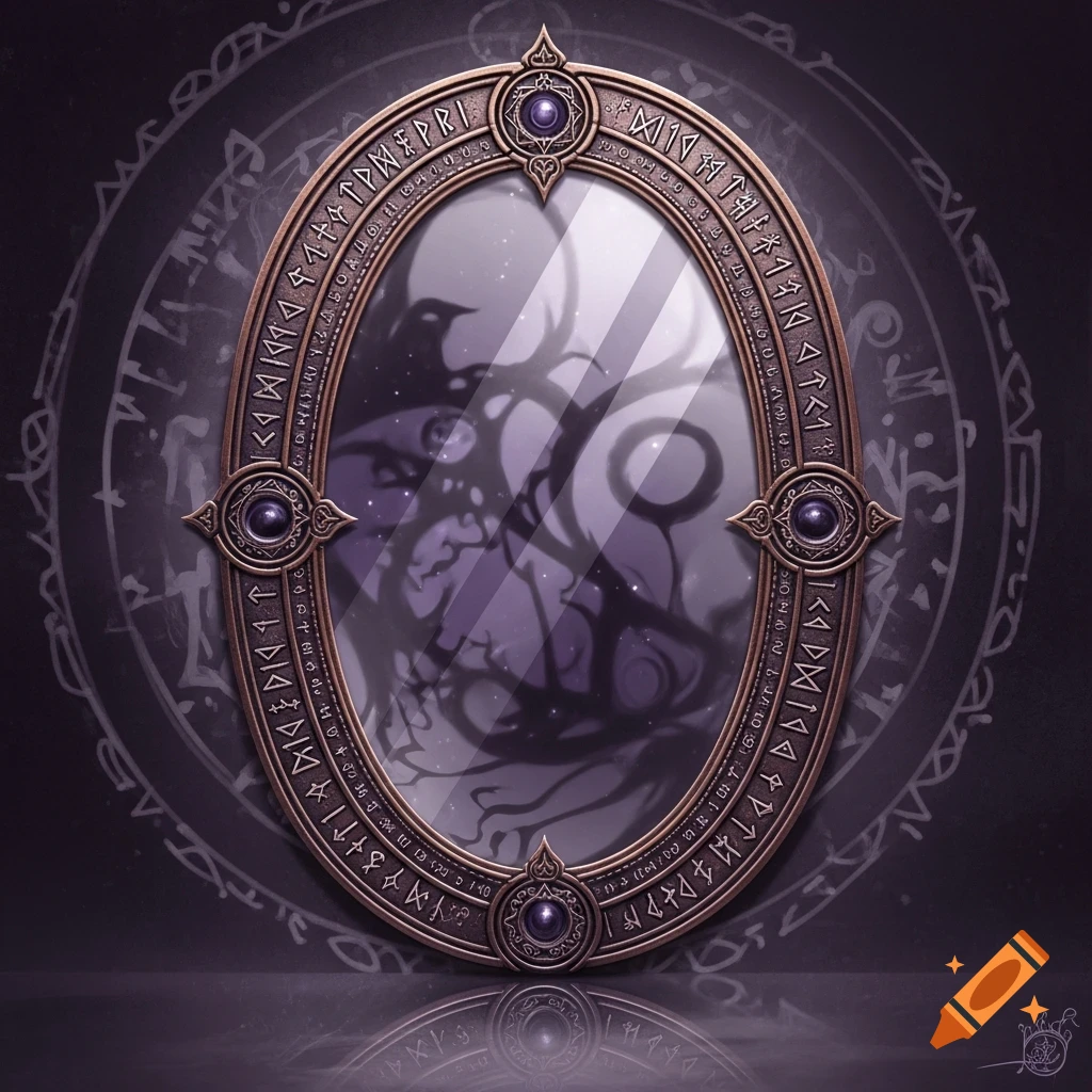 An ornate elliptical ancient copper mirror frame with intricate void ...