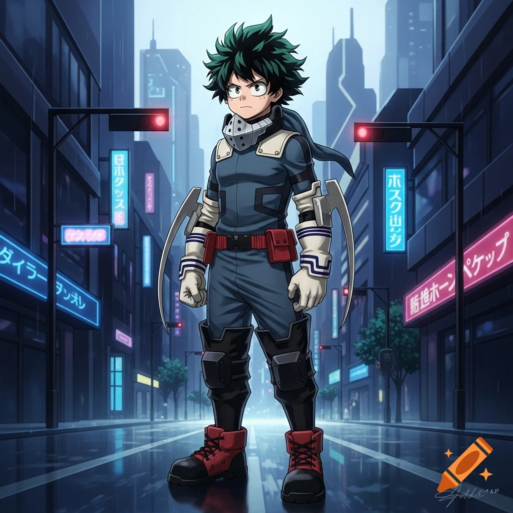 Anime character Deku in a grey hero outfit stands in a dark, wet city ...