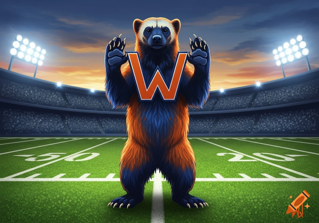 An orange and blue wolverine mascot stands on an American football ...