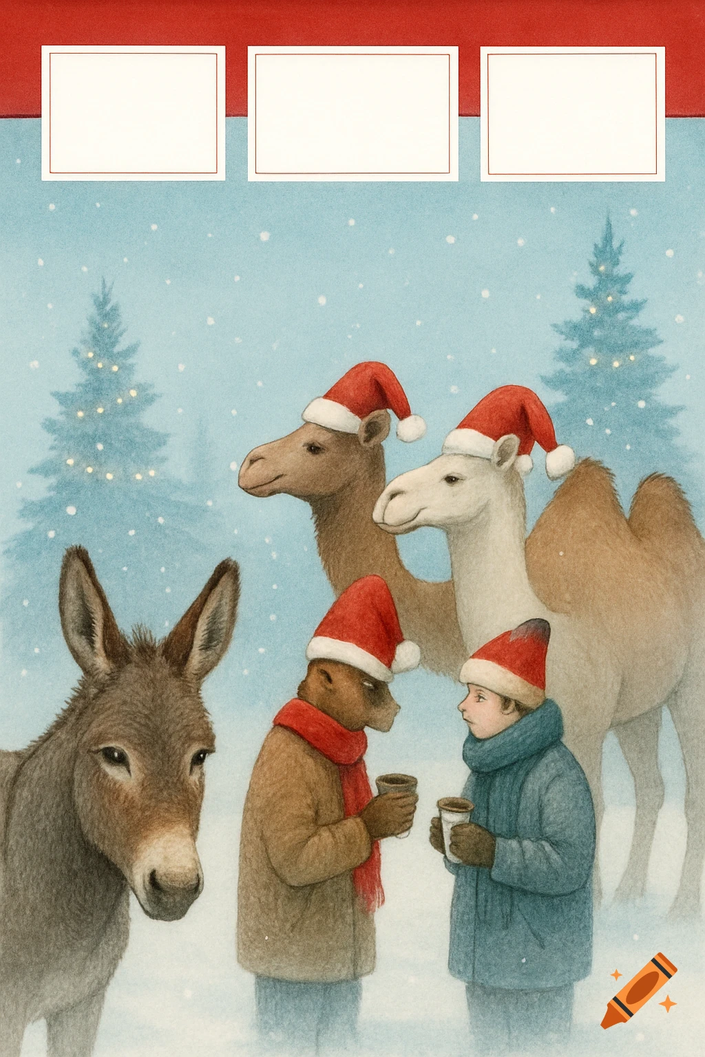 Illustrative Christmas scene with a donkey, two camels in Santa hats ...