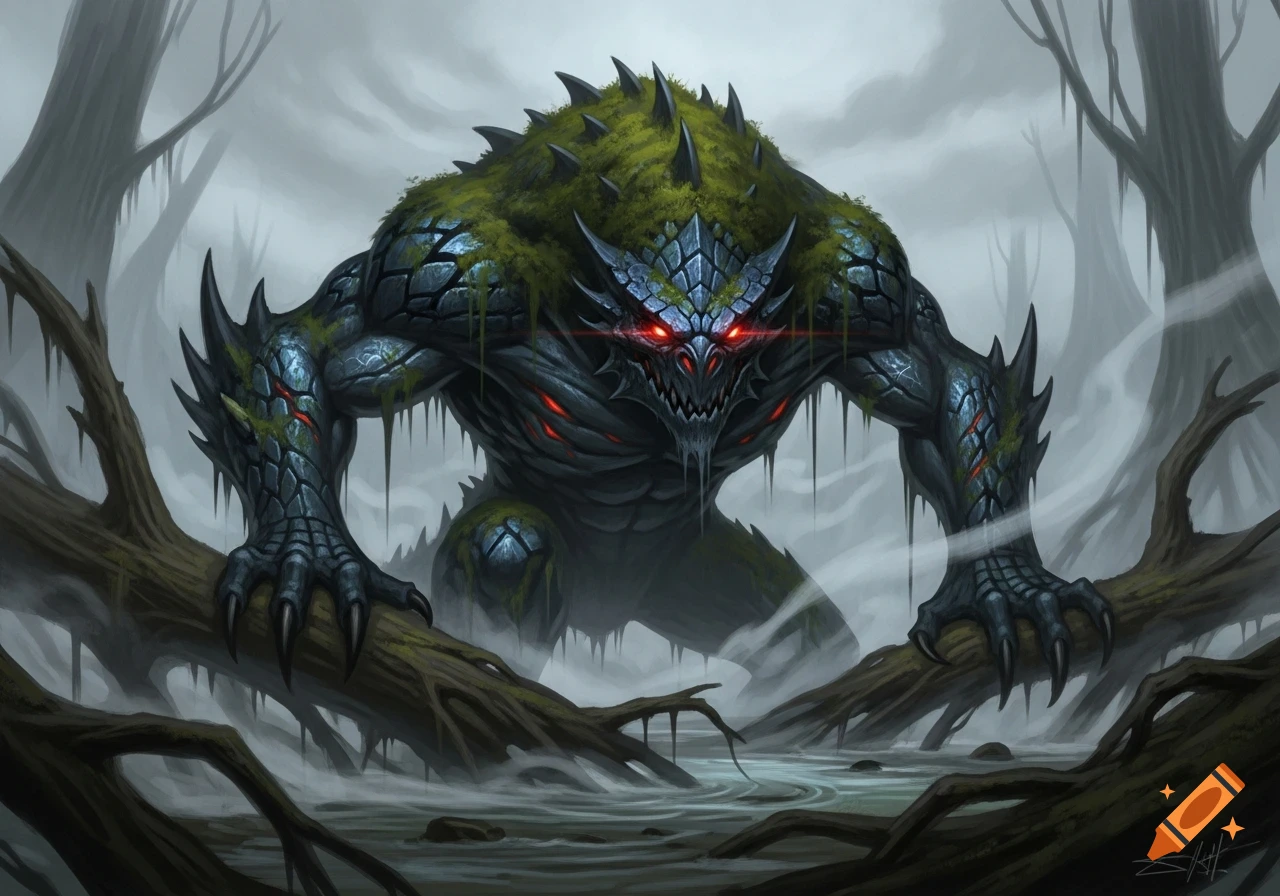 A large, mossy green and gray swamp monster with glowing red eyes and ...