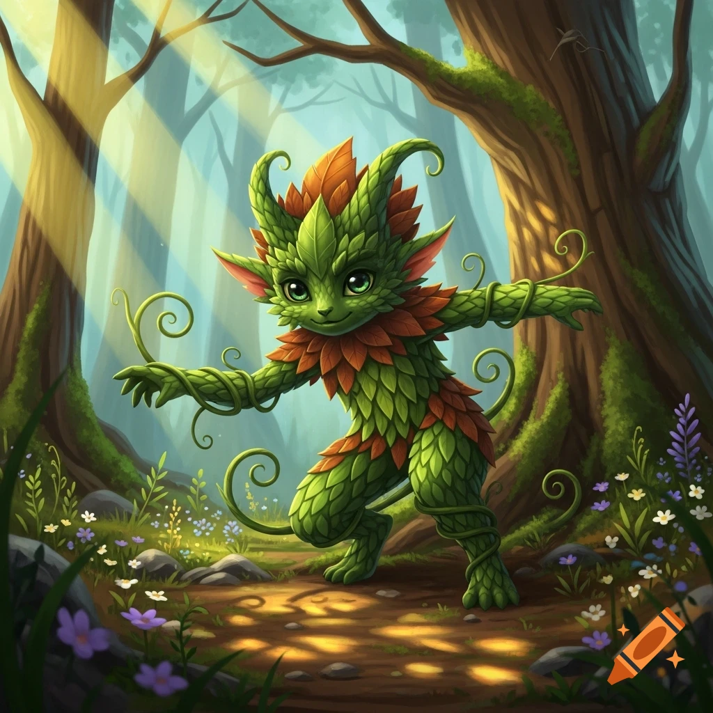 A cute green forest creature made of leaves and vines stands in a ...
