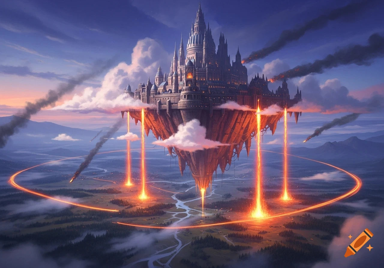 A majestic fantasy flying fortress in the sky spits streams of glowing ...