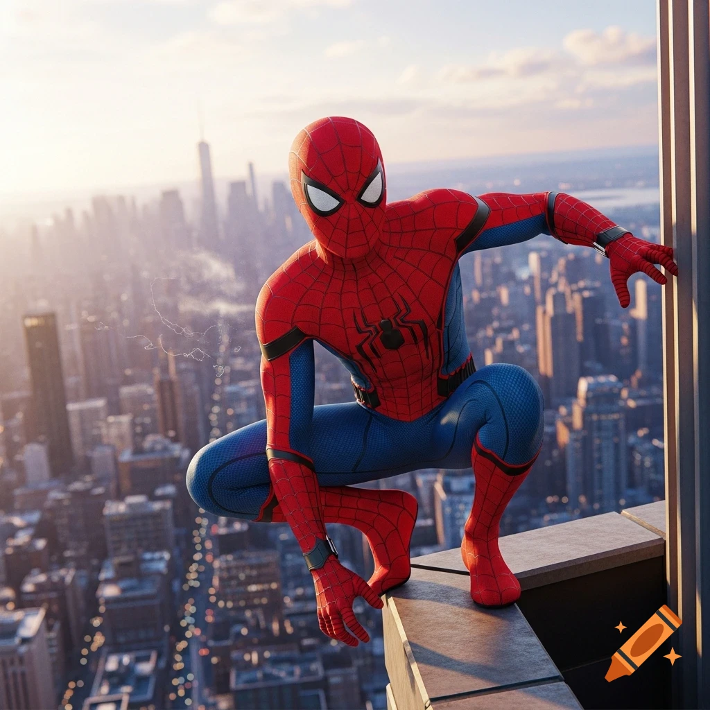 A photorealistic Spider-Man crouches on a skyscraper ledge, overlooking ...