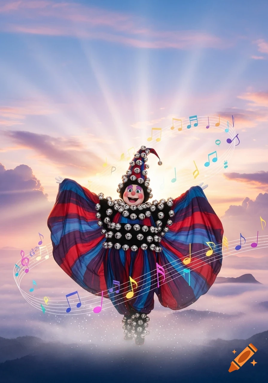 A colorful, smiling jester-like character in a red, blue, and black ...