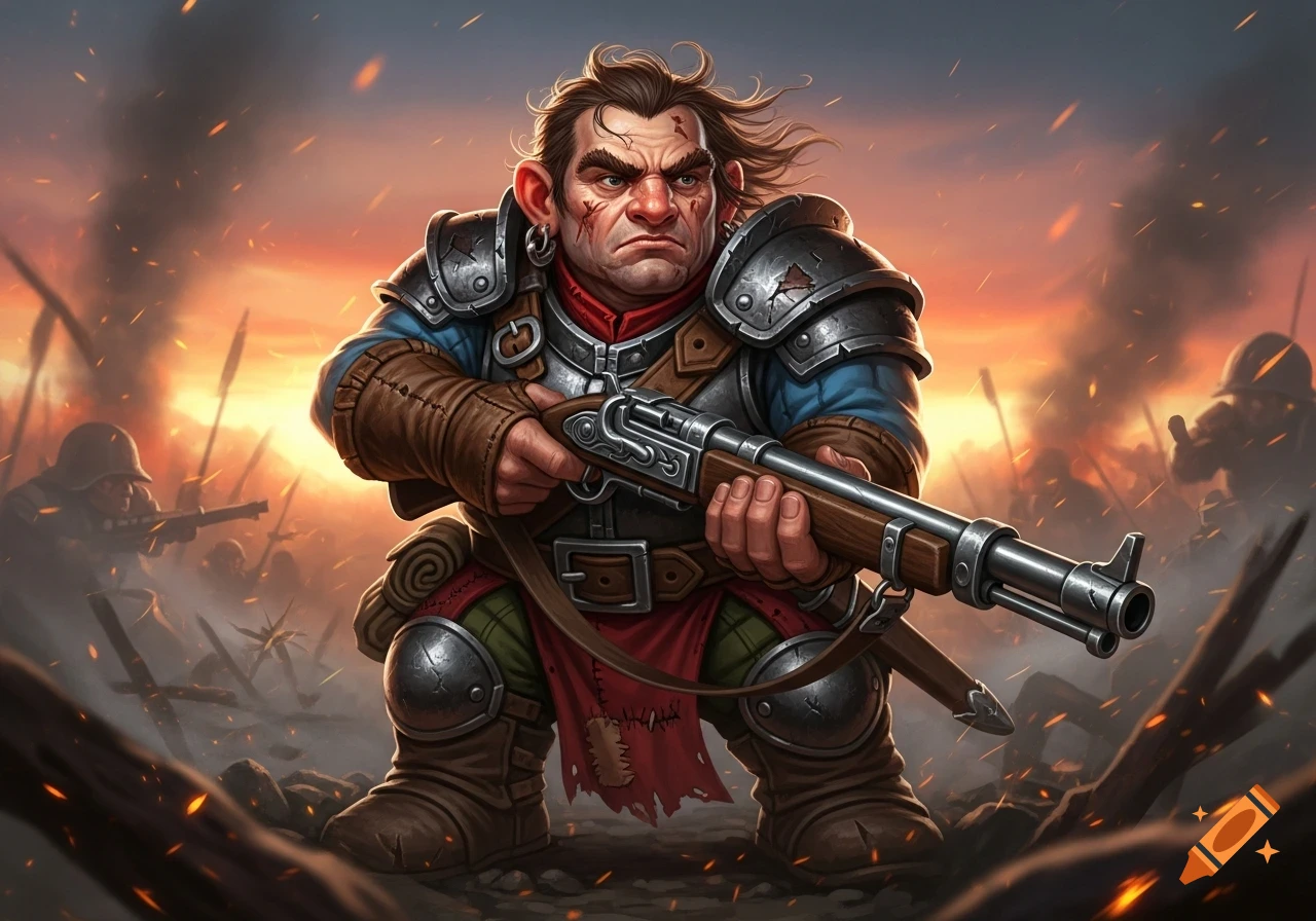 A grumpy, armored halfling warrior crouches, aiming a musket on a smoky ...