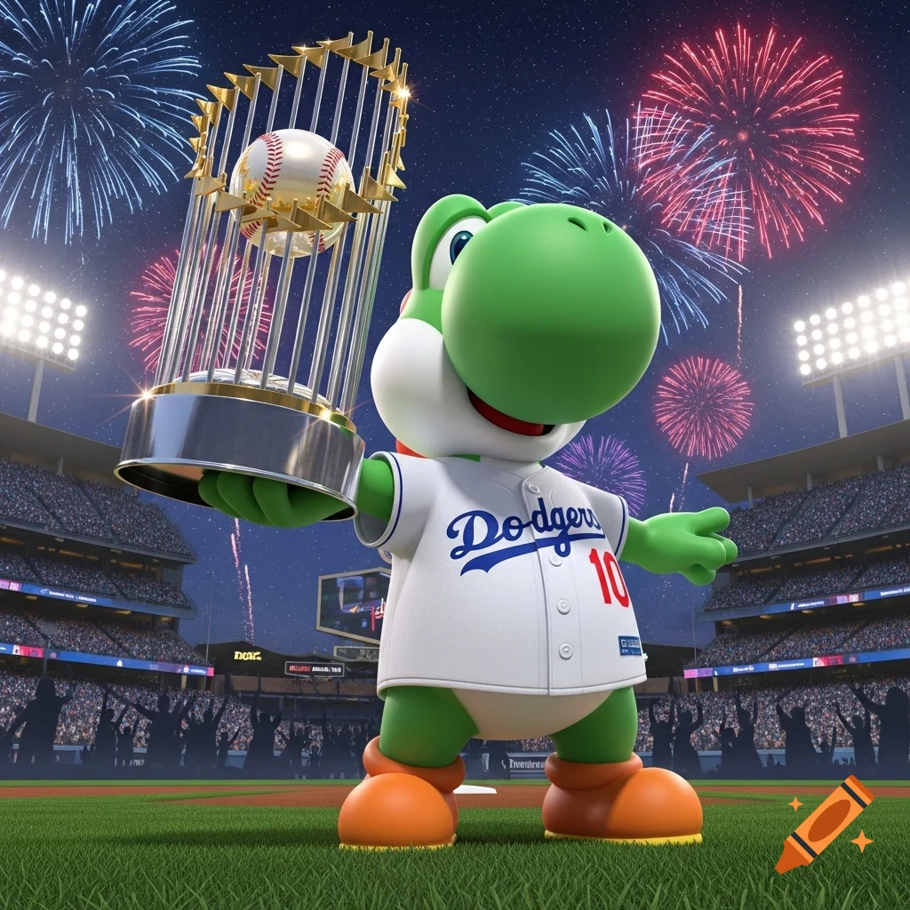 Yoshi in a Dodgers baseball jersey holds up a World Series trophy in a ...
