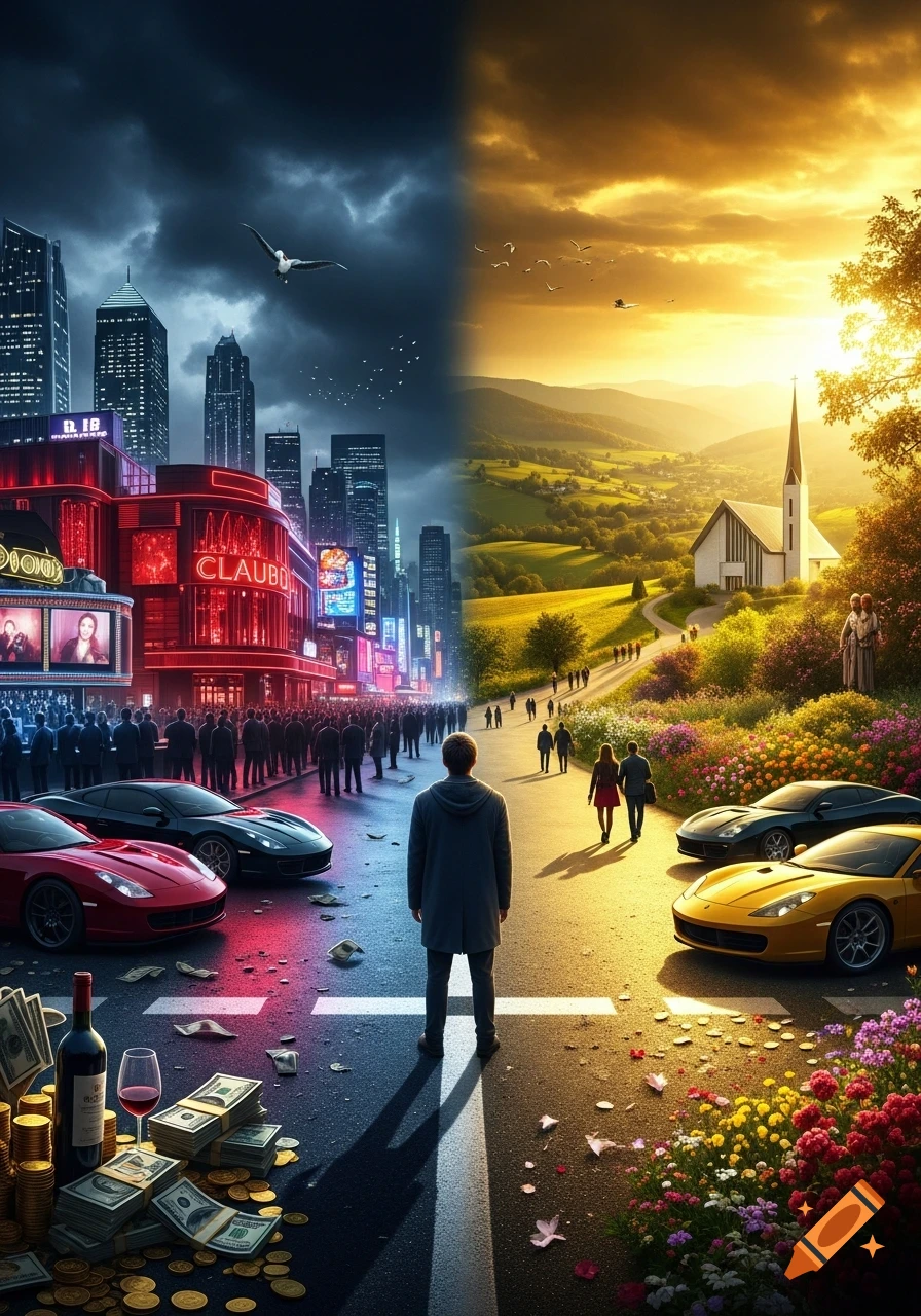 A person stands at a fork, facing a dark, neon-lit city on the left ...