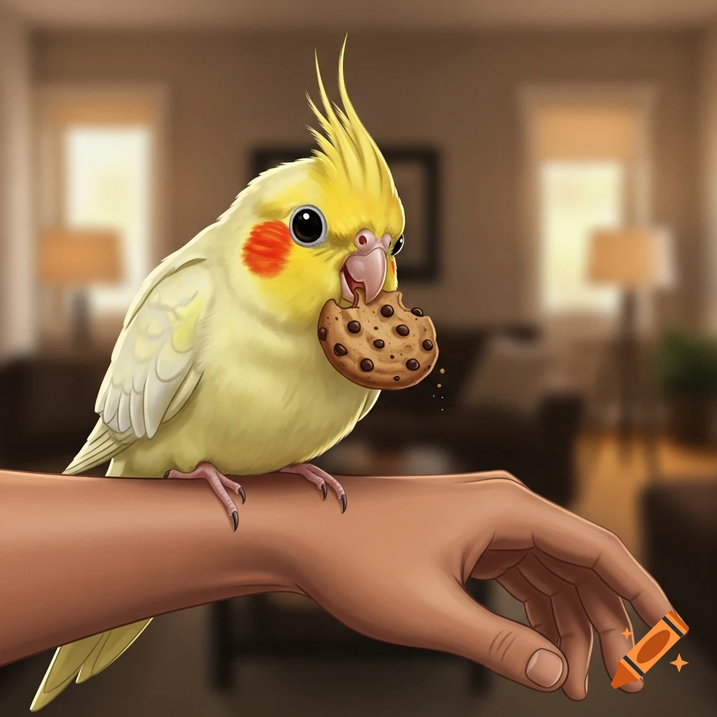 A cute yellow cockatiel with red cheeks sits on a human arm, happily ...