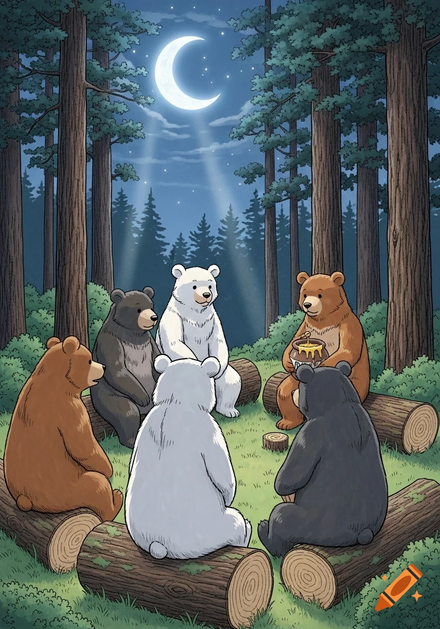 Six cartoon bears sit on logs in a circle, sharing honey in a moonlit ...