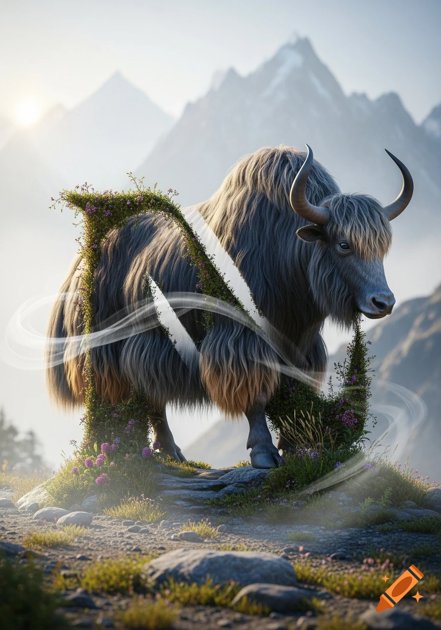 A majestic photorealistic yak with a stylized, glowing N shape made of ...