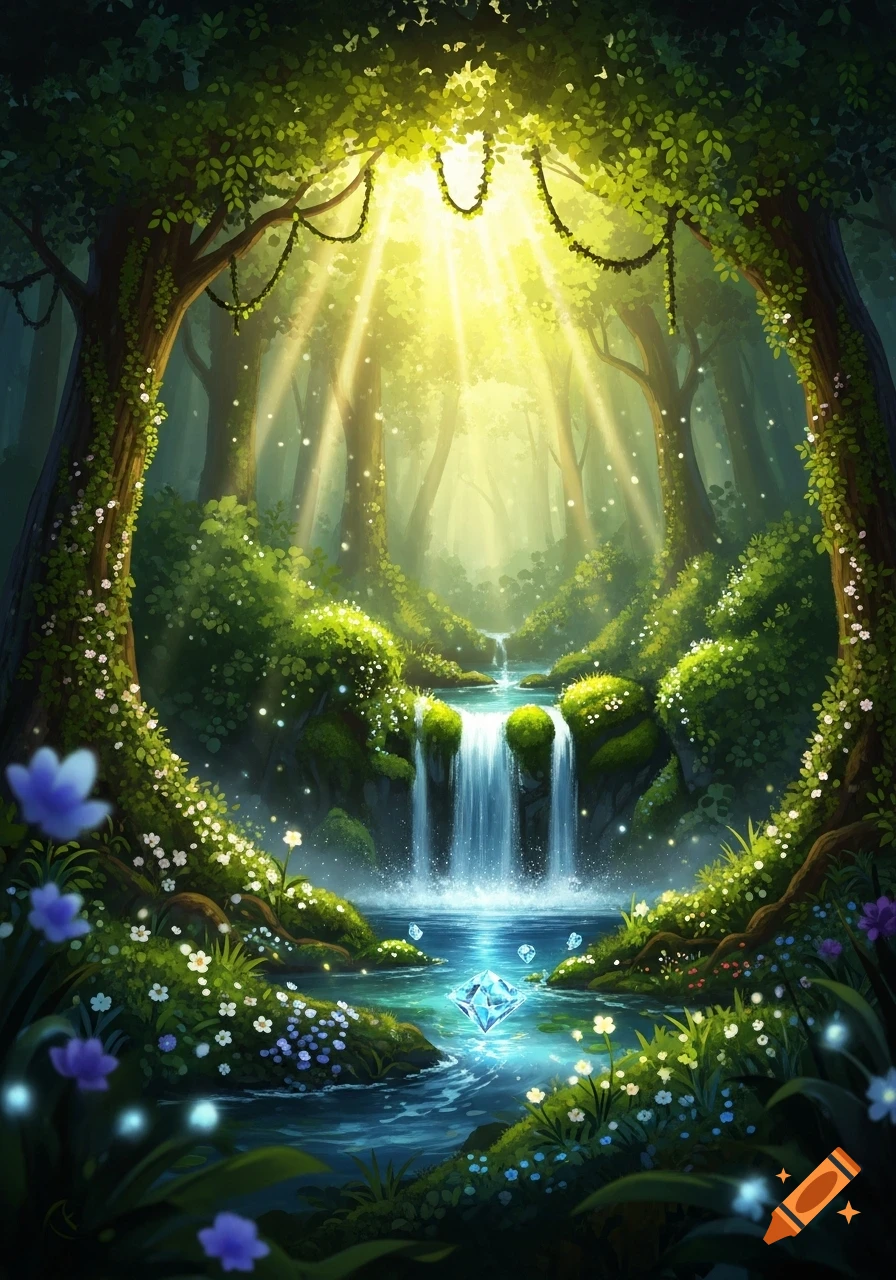 A lush, magical forest with sunlight beaming through emerald leaves, a ...