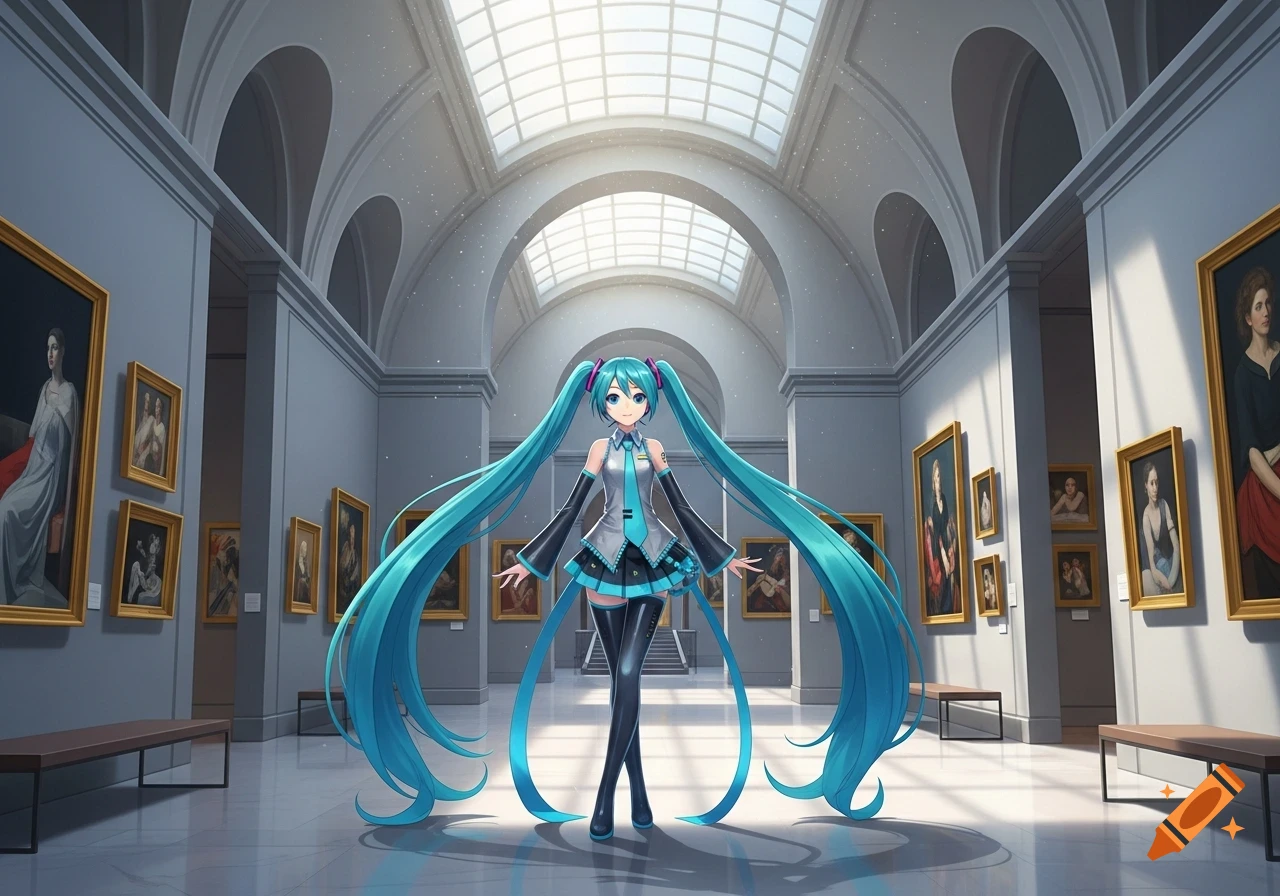 A full shot of Hatsune Miku, an anime character with long turquoise ...