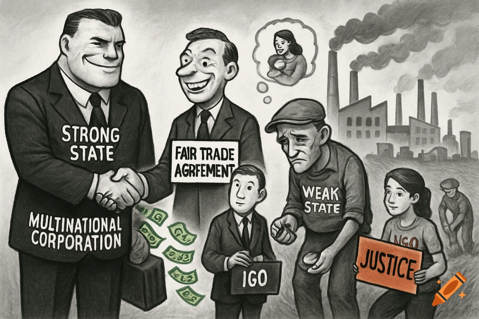 A black and white political cartoon depicts a large 'Strong State' man ...
