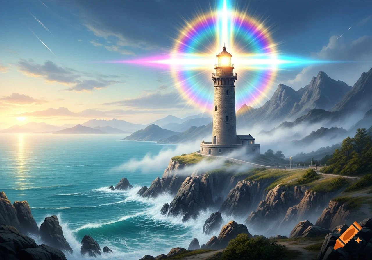 A majestic lighthouse with a vibrant rainbow cross-shaped light stands ...