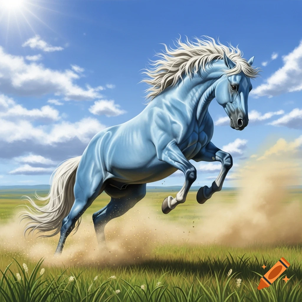 An illustration of a light blue horse with a white mane rearing up in a ...
