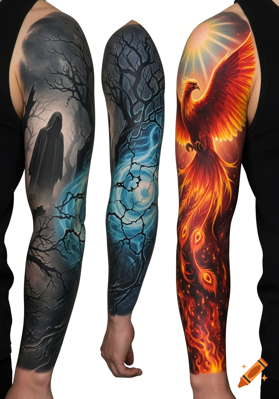 Photorealistic full sleeve tattoo concept featuring a ghostly hooded ...