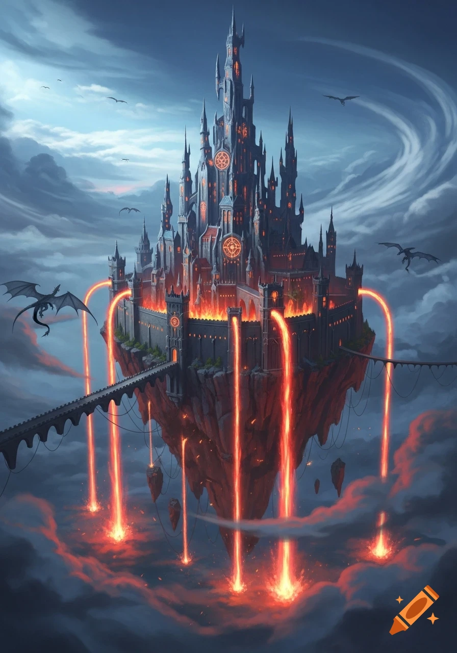A detailed fantasy illustration of a dark, ornate flying castle ...