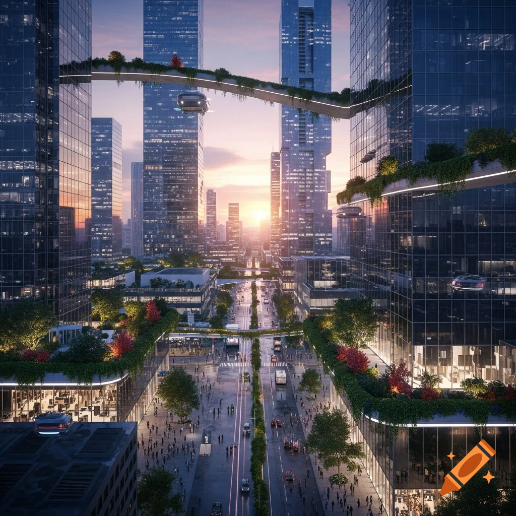 A vibrant futuristic city at sunset with towering glass skyscrapers ...