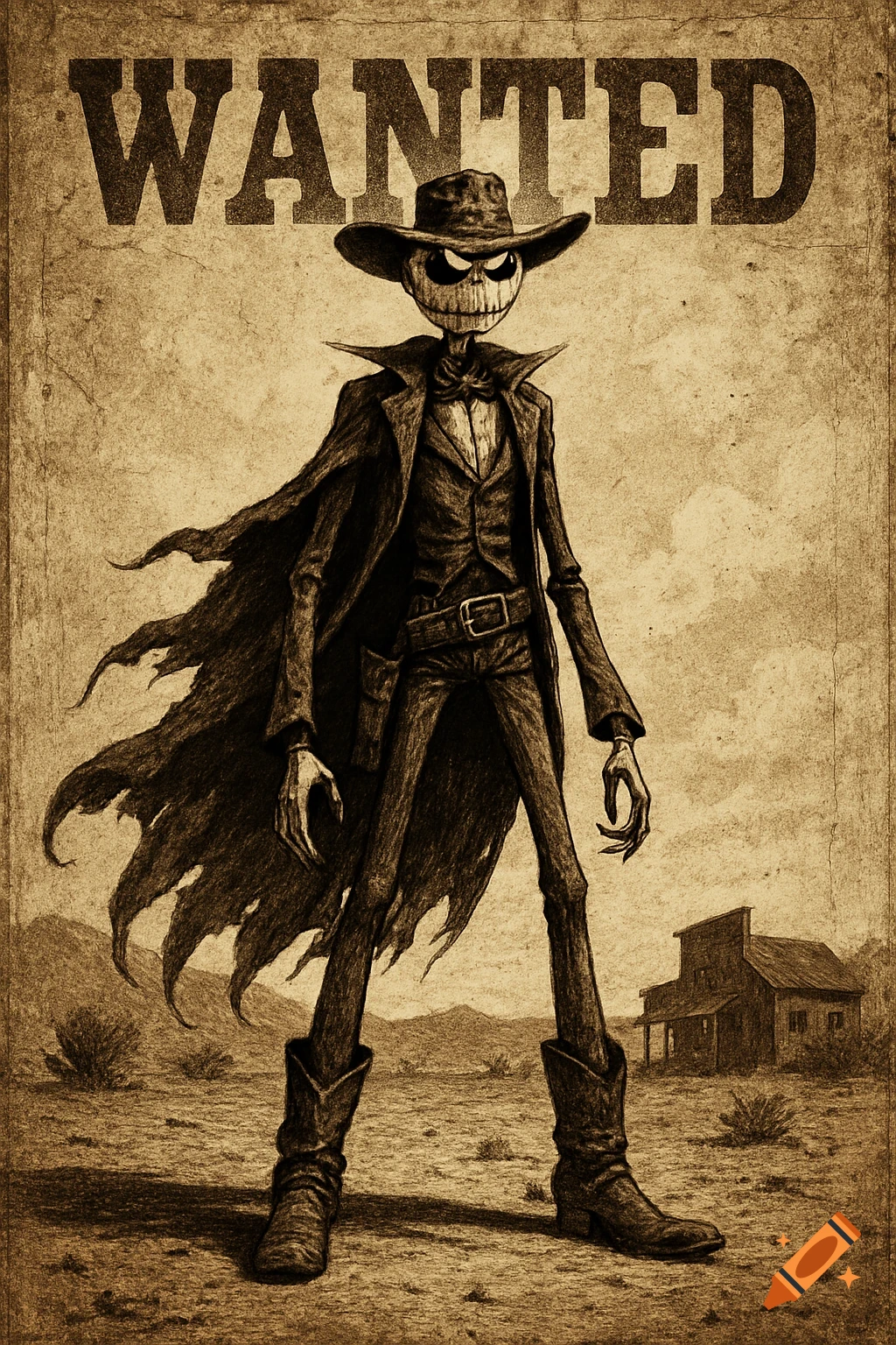 A skeletal figure resembling Jack Skellington, dressed as a cowboy with ...