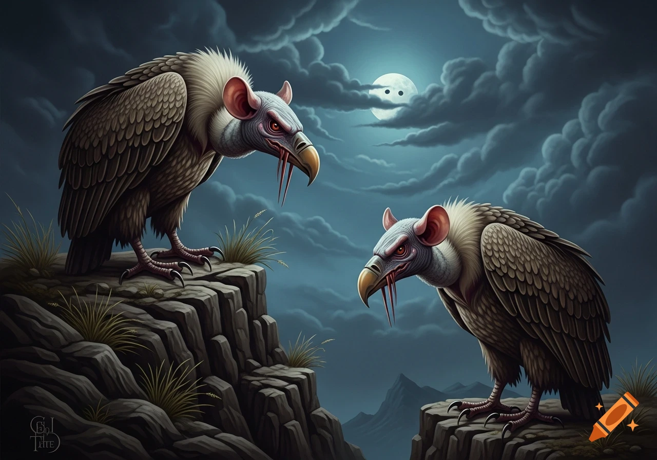 Two stylized vulture-rat creatures with red eyes and dripping beaks ...