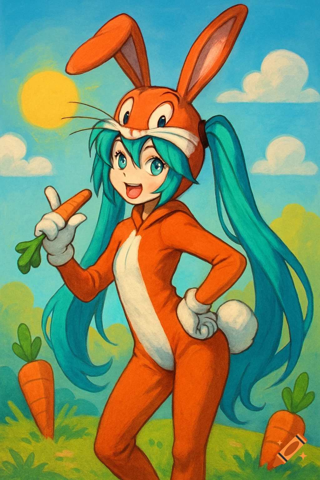Hatsune Miku in an orange bunny costume holds a carrot in a vibrant ...