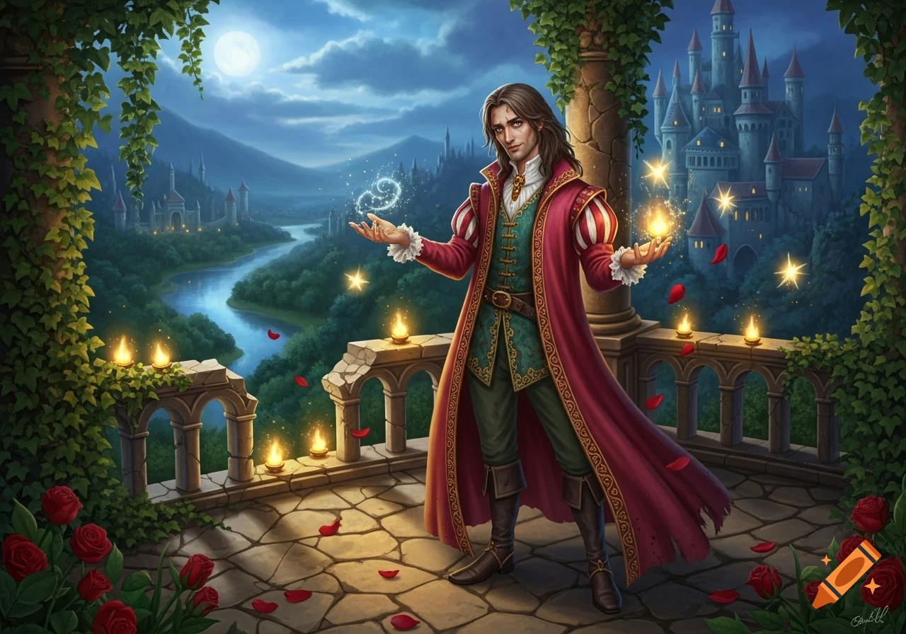 A fantasy prince in royal attire casts magic on a stone balcony ...