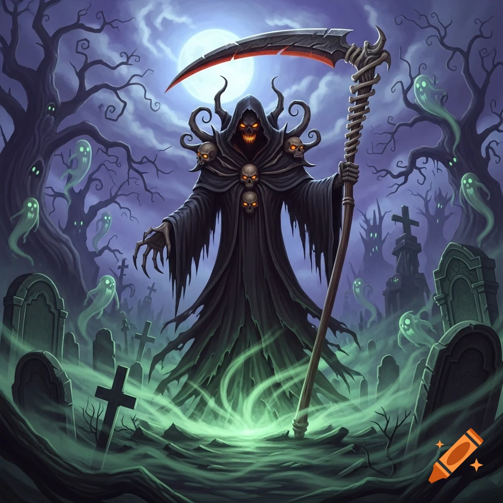 A stylized grim reaper with glowing eyes and skull armor holds a scythe ...