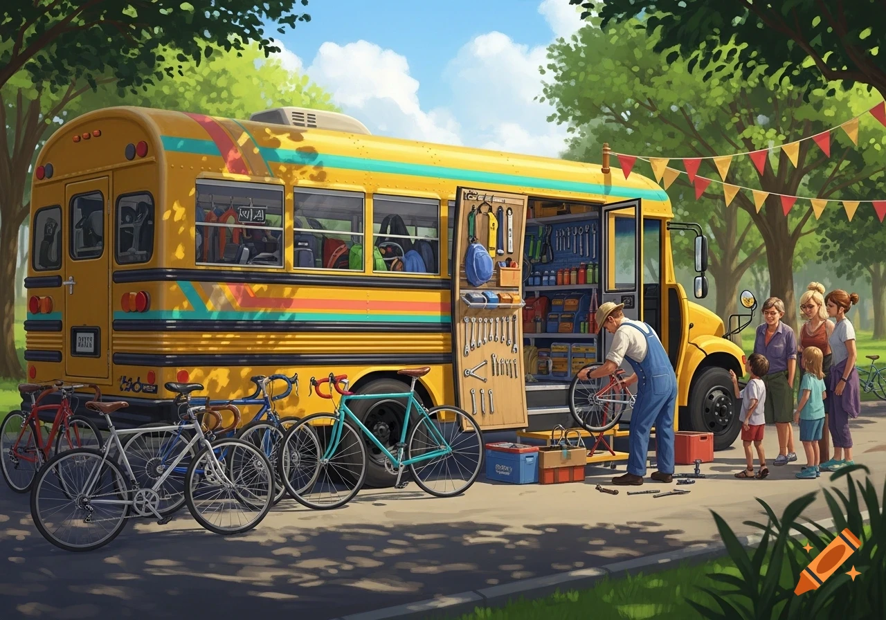 A colorful yellow school bus converted into a mobile bike shop, with a ...