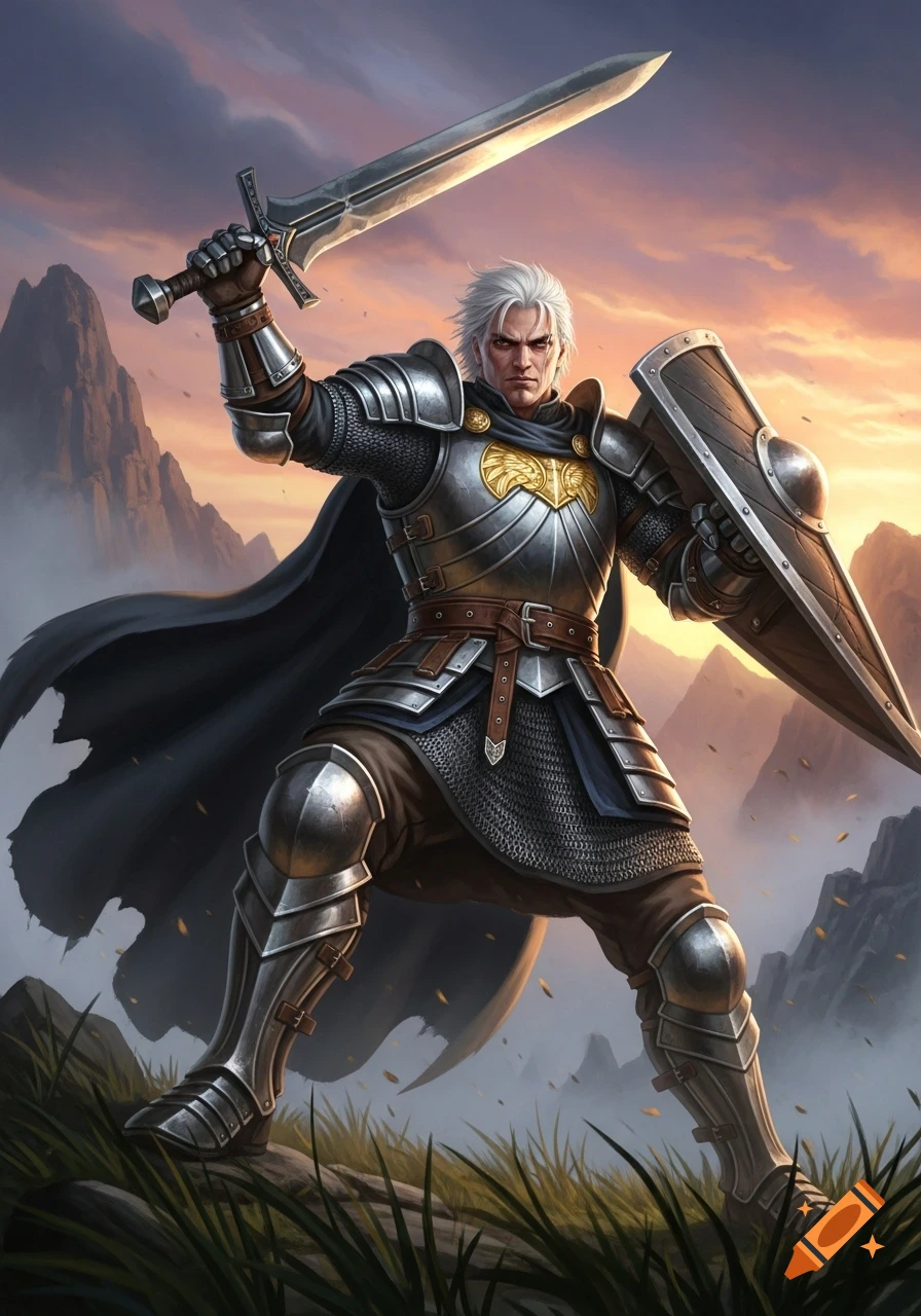 White-haired warrior in silver chainmail armor, wielding a broadsword ...