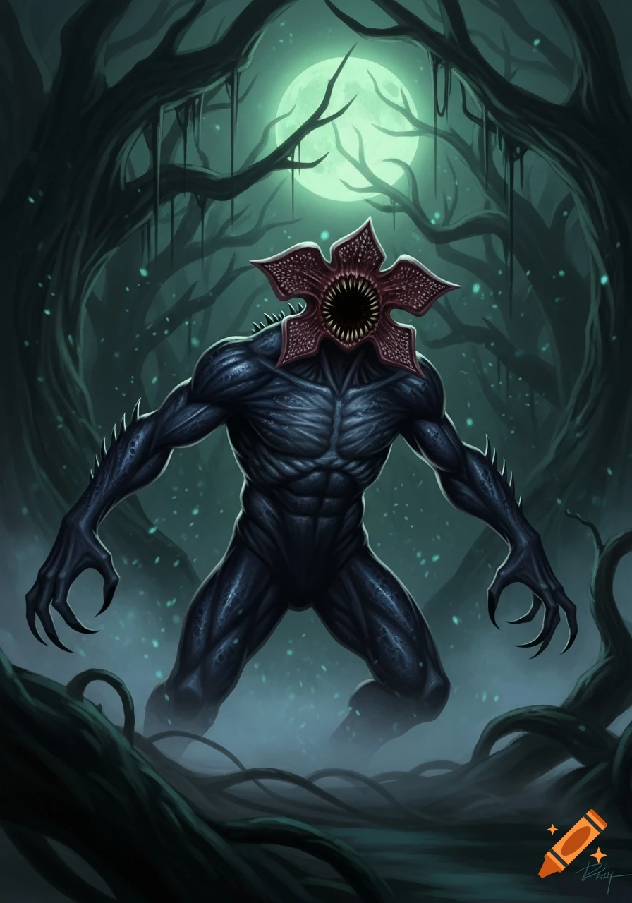 A Demogorgon creature with a flower-like head and sharp teeth stands in ...