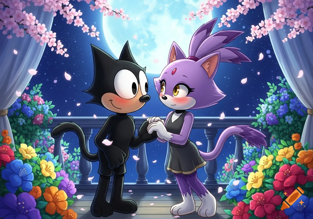 Felix the Cat and Blaze the Cat holding hands and blushing on a moonlit ...