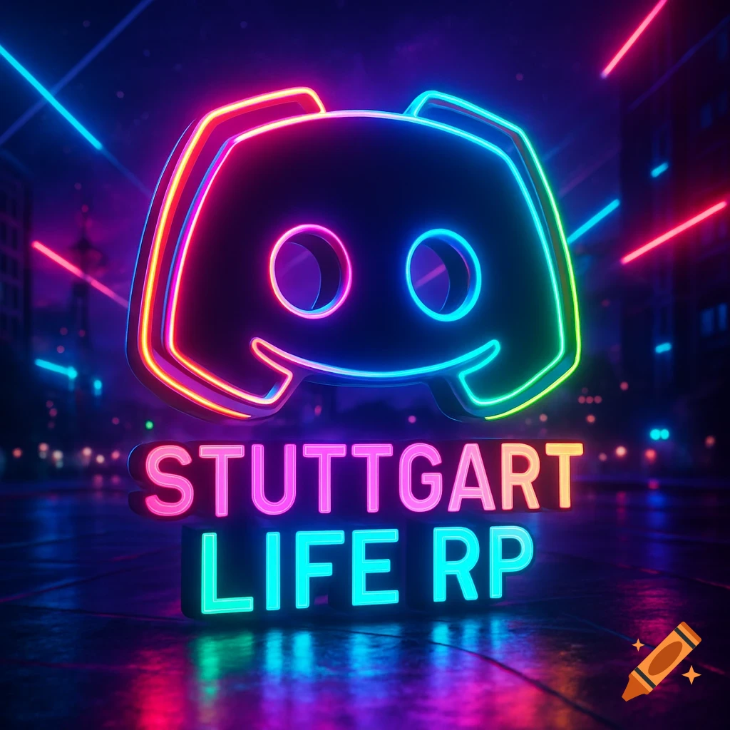 A vibrant 3D neon Discord logo with the text "STUTTGART LIFE RP ...