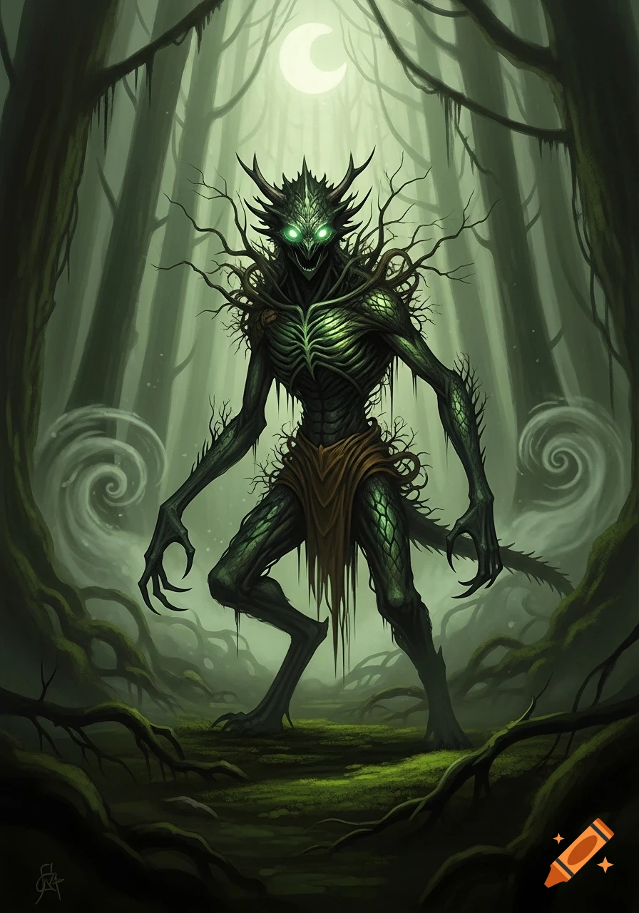 A monstrous, green, humanoid cryptid with glowing eyes and thorny ...